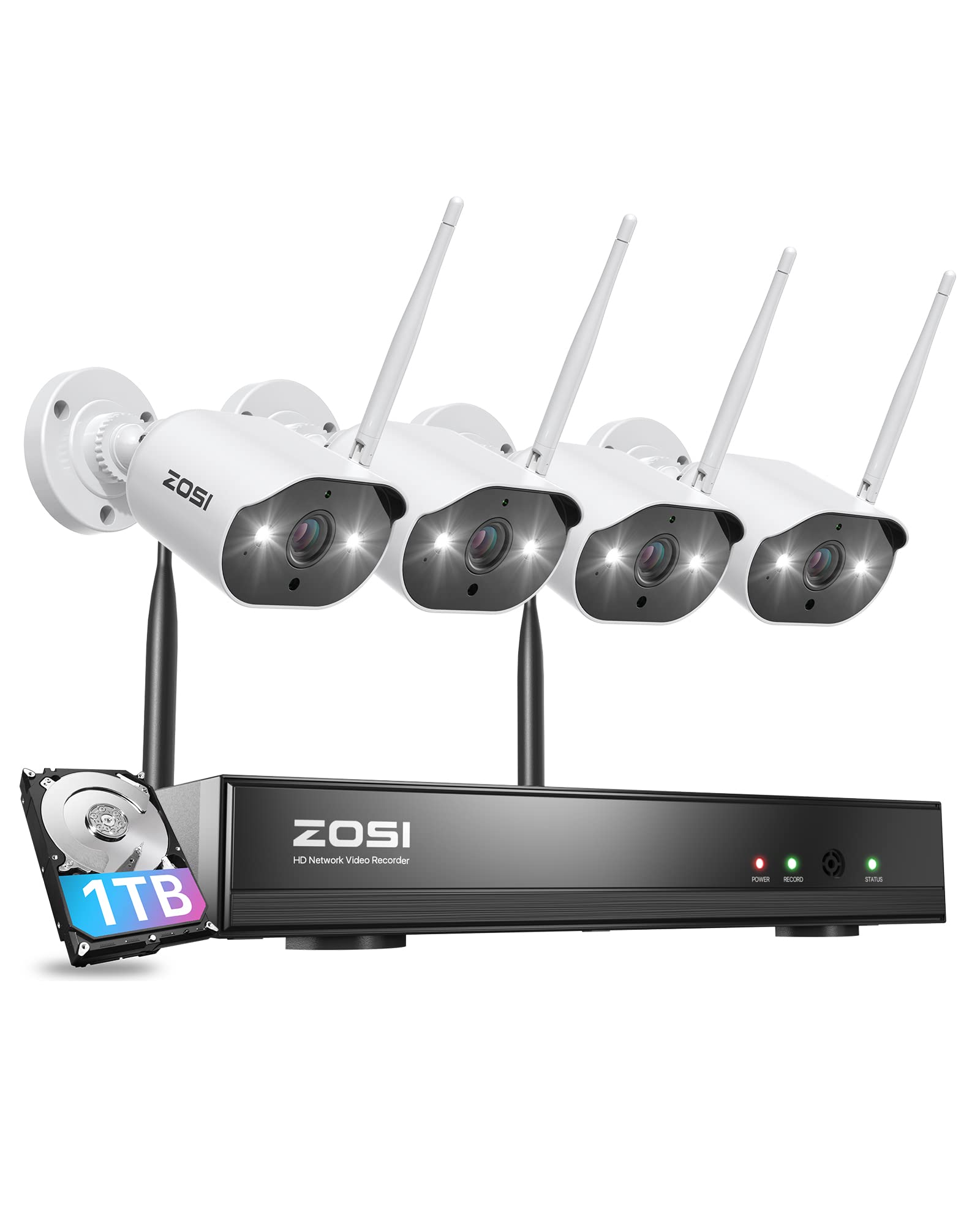 ZOSI 2K WiFi Security Camera System,4Pcs 3MP Plug-in WiFi Cameras,Color Night Vision,Motion Detection,2K 8CH Home NVR with 1TB HDD for 24/7 Recording