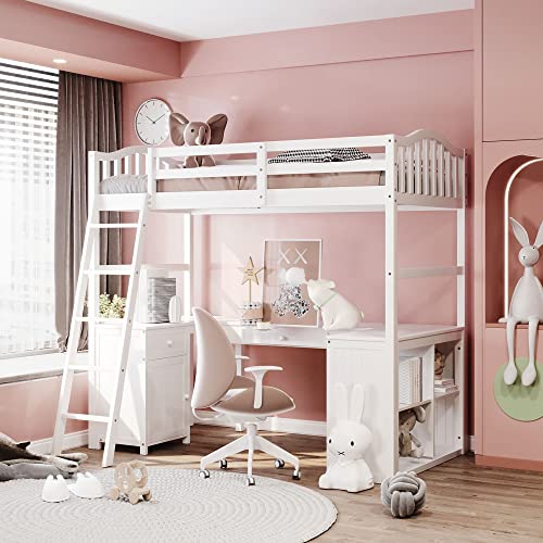 DNChuan Loft Bed with Desk/Drawers/Cabinet/Shelves, Wooden Loft Bed More Storage Space Twin Size - White