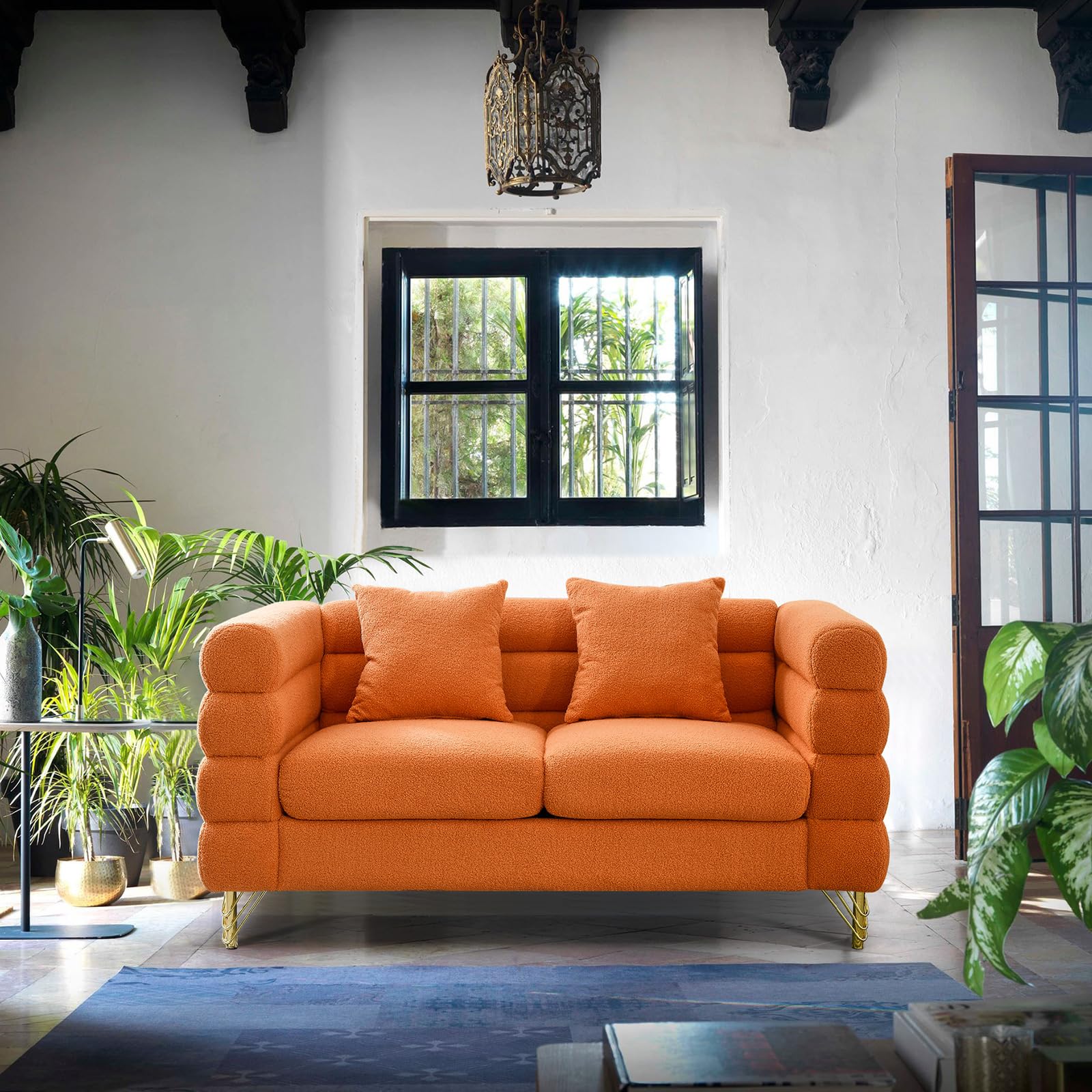 Deolme 60" W Teddy Orange Loveseat Sofa Couch with Firm Strcuture & Thicken Sponge Comfy Love Seat Couches Sleeper for Living Room Bedroom Small Spaces Mid-Century Modern Furniture