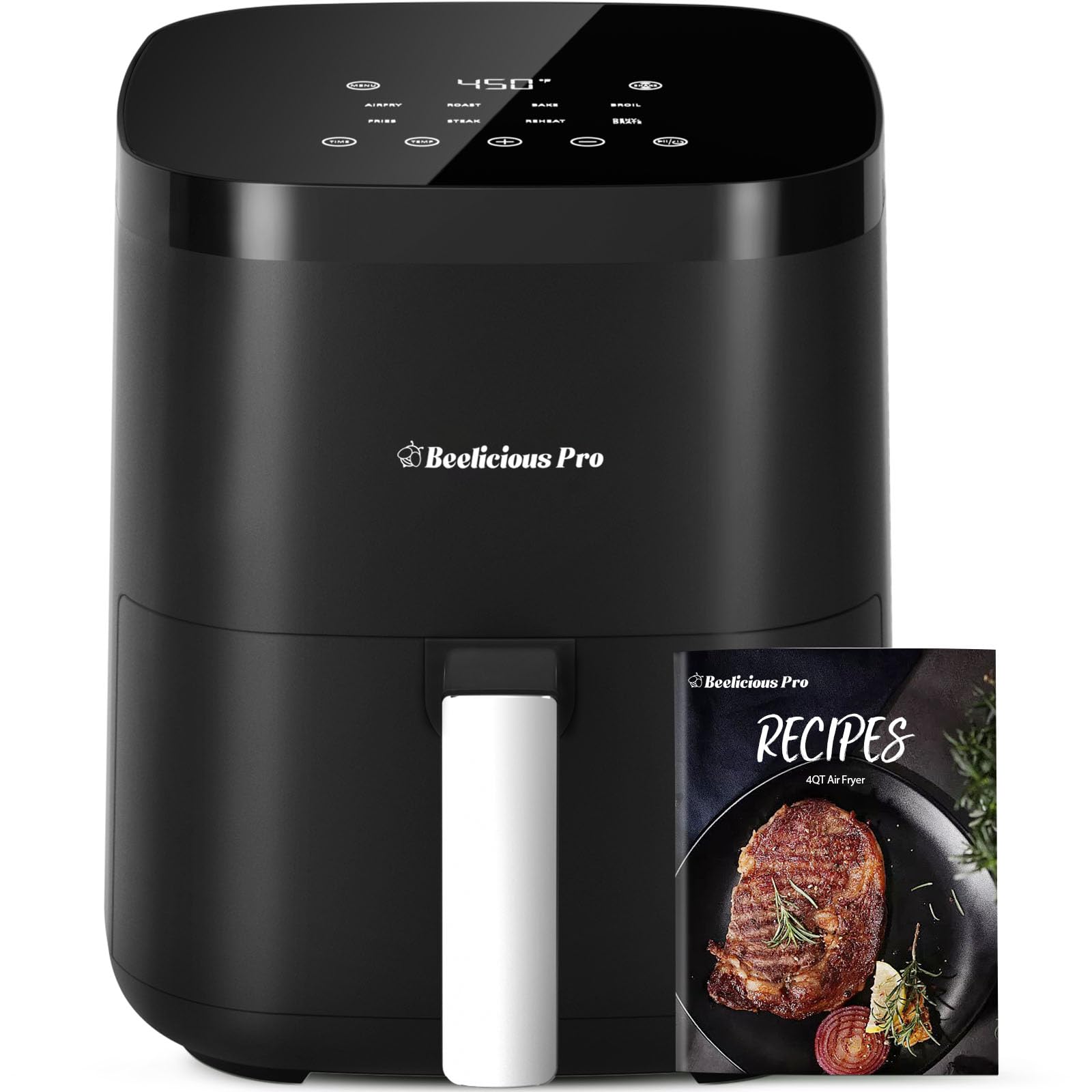 Air Fryer,BeeliciousŸ 8-in-1 Smart Compact 4QT Air Fryers,Shake Reminder,450°F Digital Airfryer with Flavor-Lock Tech,Tempered Glass Display,Dishwasher-Safe & Nonstick,Fit for 1-3 People,Black