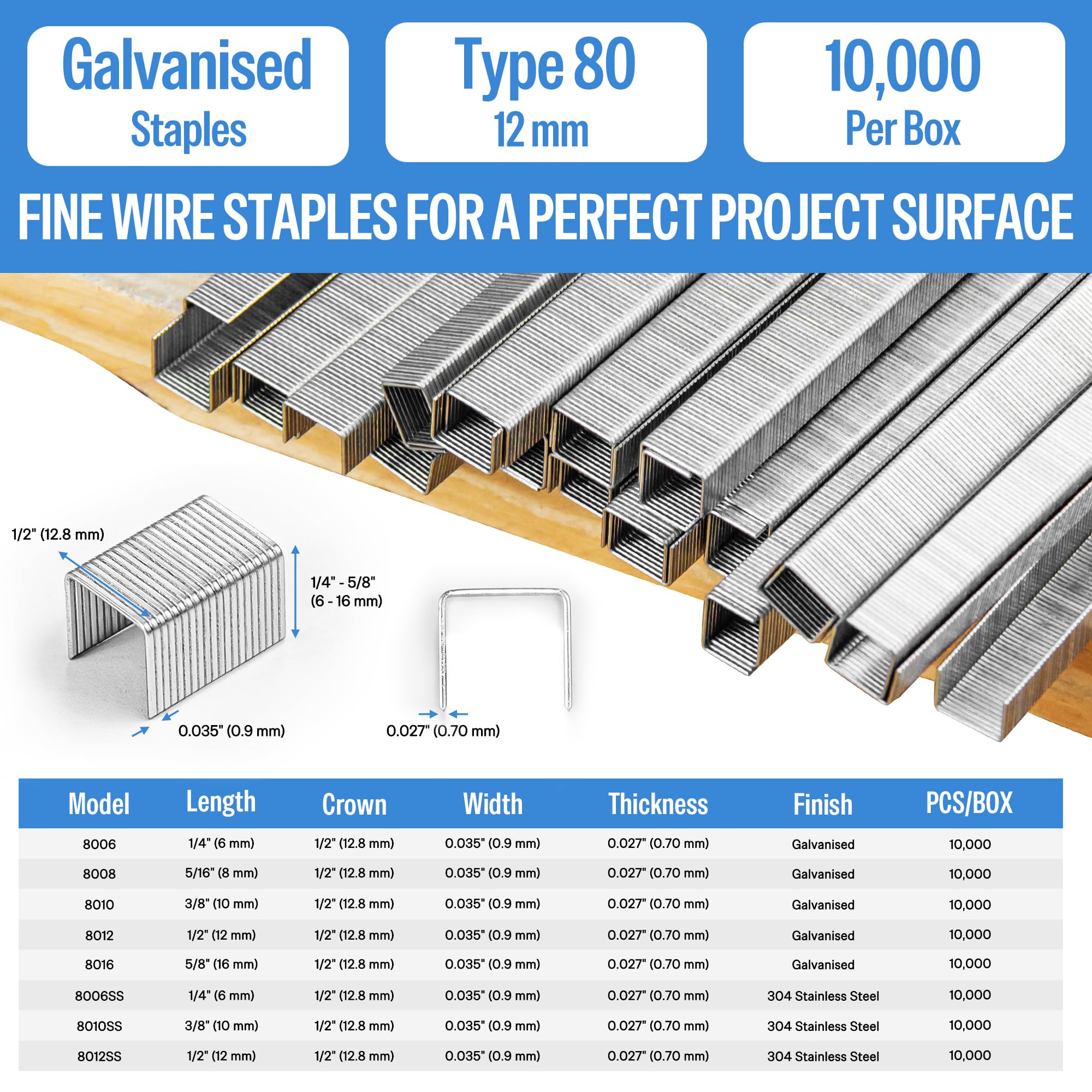meite 21 Gauge 1/2-Inch Crown with 1/2-Inch Length Upholstery Staples Galvanized Fine Wire Staples Compatible for MT8016 Stapler (10 Boxes)