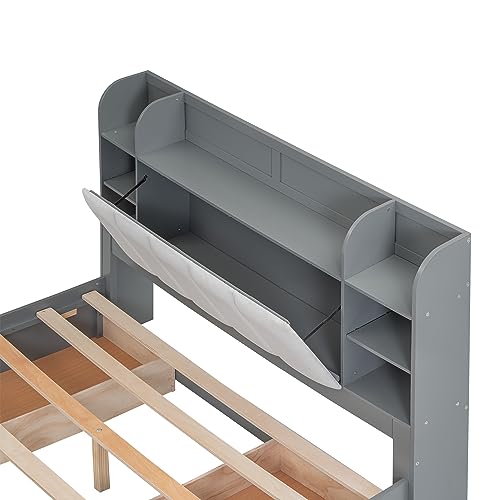 DNYN Queen Size Platform Bed with Storage Shelves & 4 Drawers & Upholstery Headboard Design,Multifunctional Wooden Bedframe w/Wood Slat Support,Super Save Space,Perfect for Bedroom,Guest Room, Gray