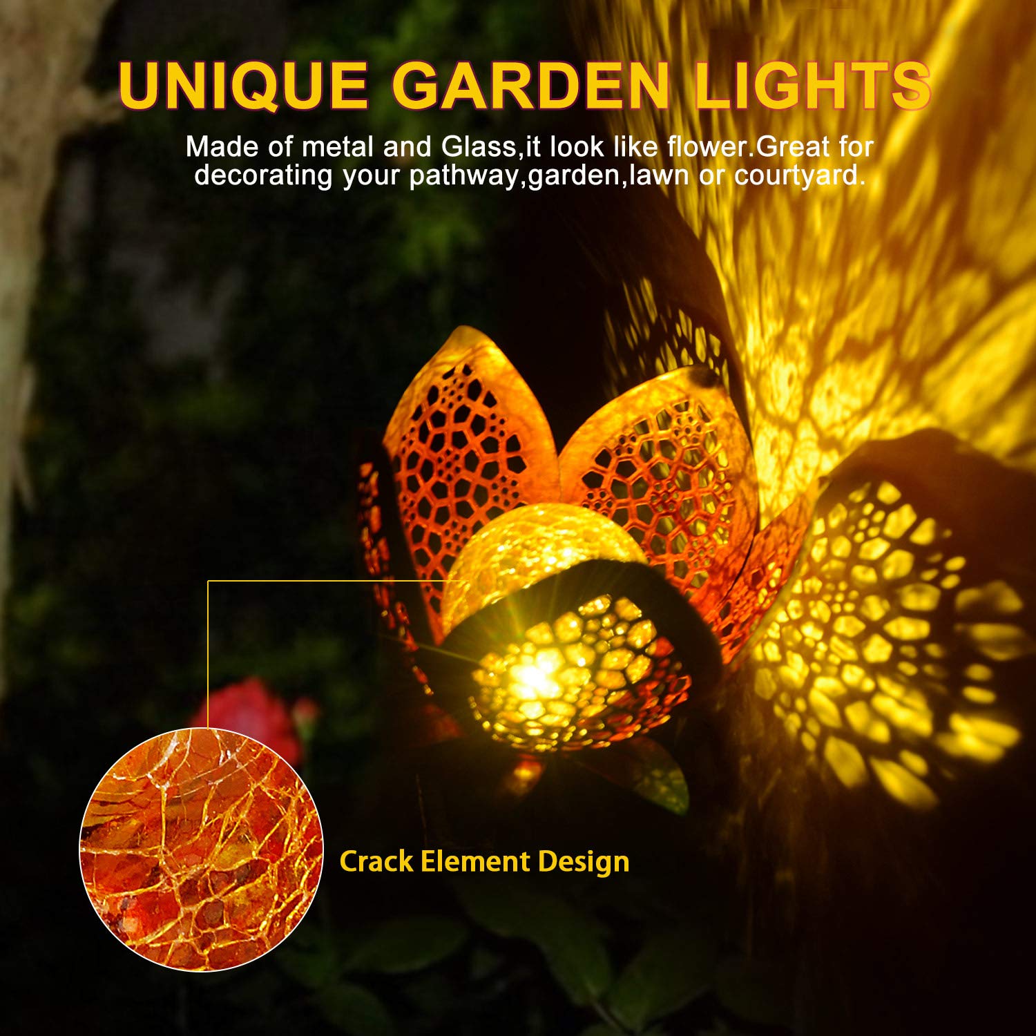 Firlar Garden Solar Lights Outdoors, 2pack Pathway Hollow Flower Stake Lights Waterproof Landscape Led Decorative Light for Patio, Walkways,Courtyard, Path,Yard, Lawn(Warm White)