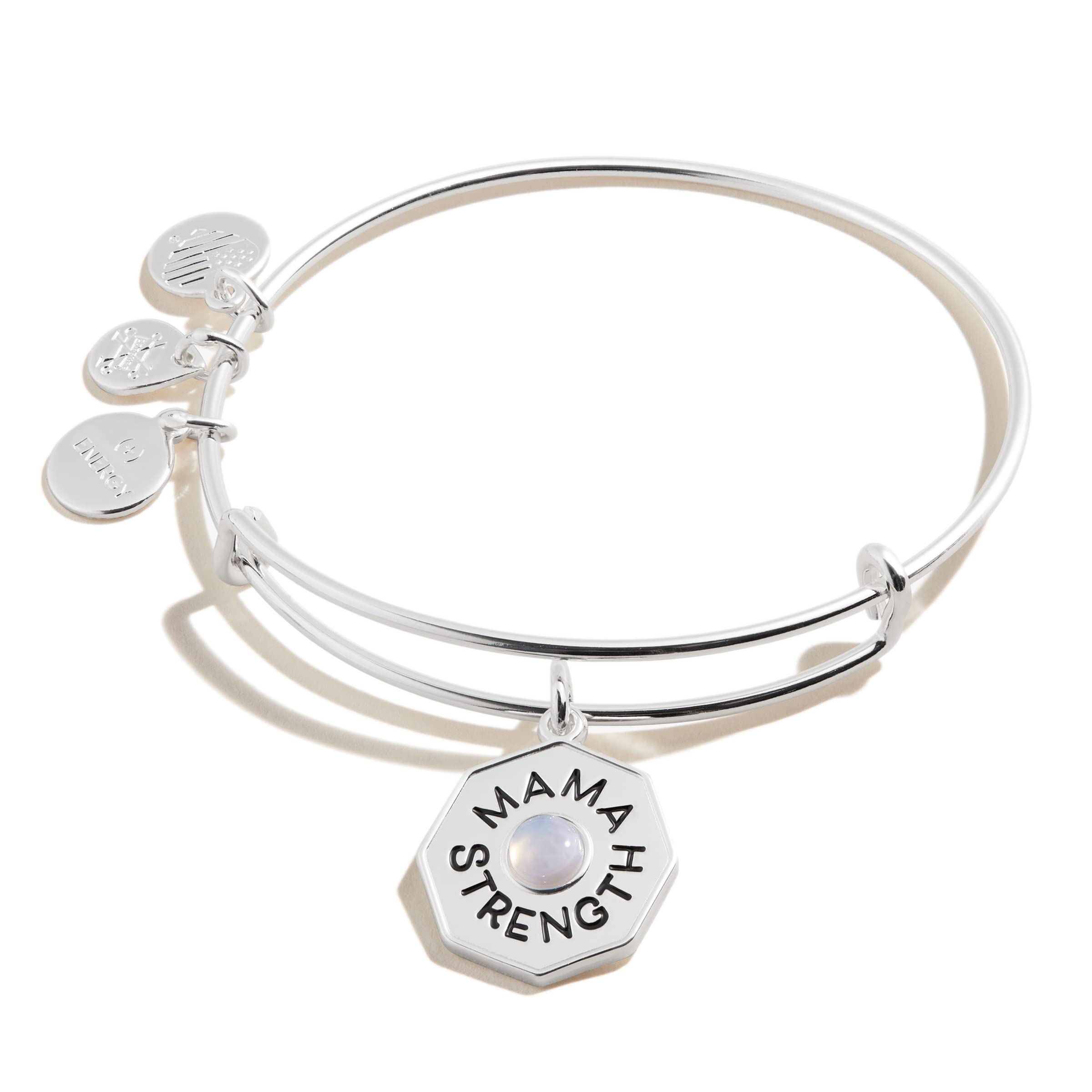 Alex and Ani Mother’s Day Expandable Wire Bangle Bracelet for Women, Mama/Strength Charm, Shiny Silver Finish, 2 to 3.5 in
