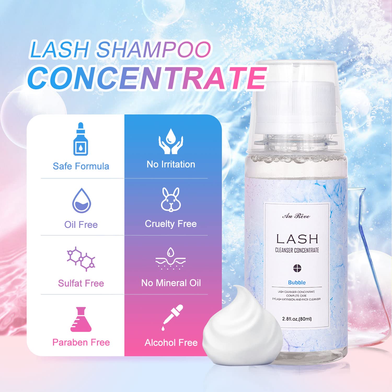 AuReve Lash Shampoo Concentrate 80ml Prolong Lash Cleanser Concentrate Foam Eyelash Extension Cleanser, Lash Concentrate for Lash Extensions Lash Cleaner Kit (Bubble Gum)