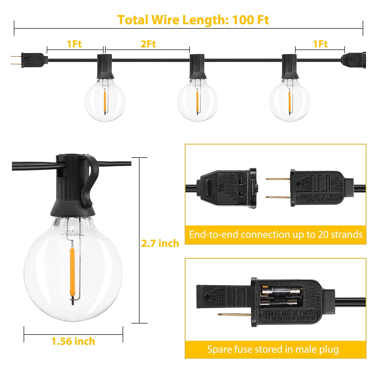 YILINM 100ft Outdoor String Lights Waterproof LED G40 Shatterproof Backyard Lights with 50 Bulbs Connectable Patio Lights for Christmas Patio House Backyard Balcony Party