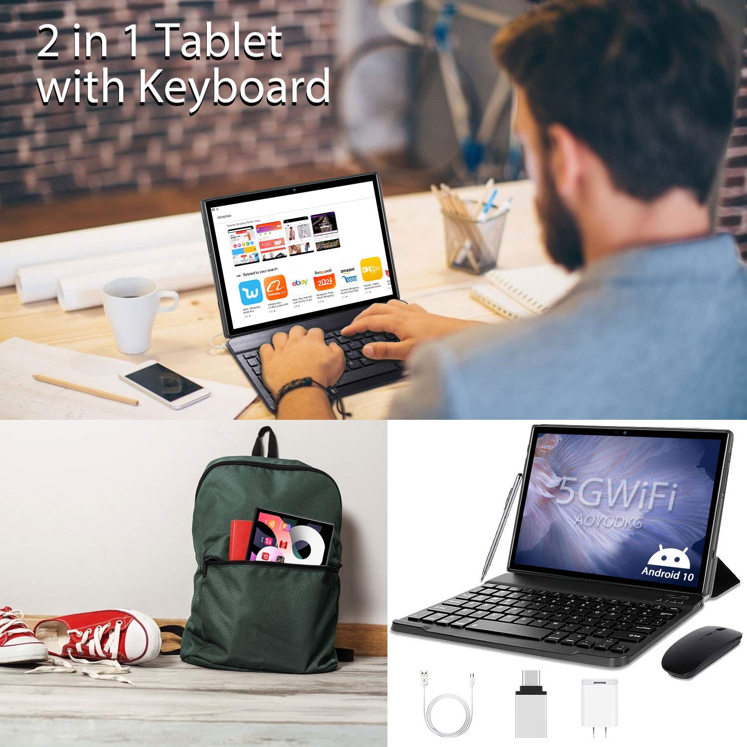 AOYODKG Android 11 Tablet 10 Inch, 4GB RAM 64GB ROM 128GB ROM Expand, Octa Core 1.6GHz Google GMS Certified Tablets, Dual Camera 5G WiFi 1280x800 Full HD IPS PC with Keyborad Mouse Stylus, AYO-9