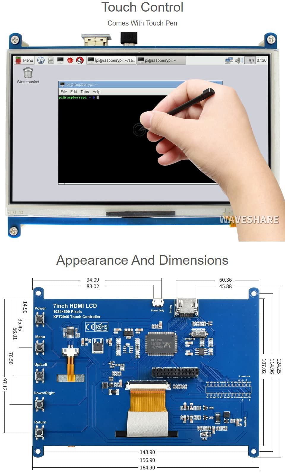 waveshare 7inch Resistive Touch Screen LCD Compatible with Raspberry Pi 4B/3B+/3A+/2B/B+/A+/Zero/Zero W/WH/Zero 2W CM3+/4 Series Boards 1024×600 Resolution HDMI IPS Supports Windows