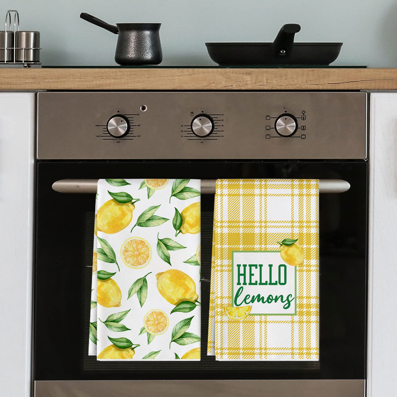 AnyDesign Lemon Kitchen Towel Watercolor Hello Lemons Dish Towel 18 x 28 Inch Spring Summer Yellow Check Plaids Hand Drying Tea Towel for Farmhouse Cooking Baking Cleaning Wipes, Set of 2