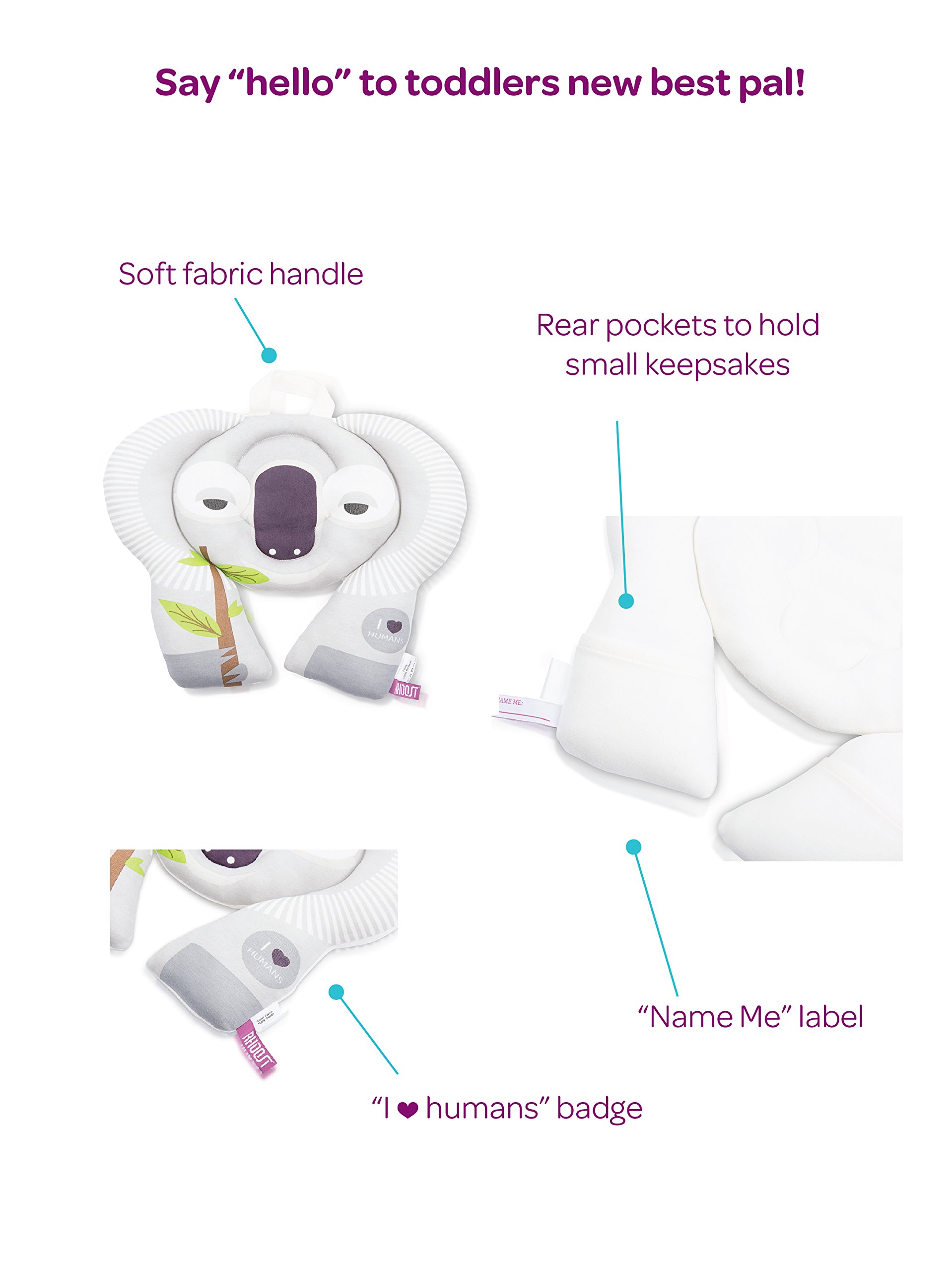 Rhoost Toddler Travel Buddy Neck Rest. Head Support for Kids on Car & Airplane Journeys. Fun Koala or Owl design with Pockets & Name Badge