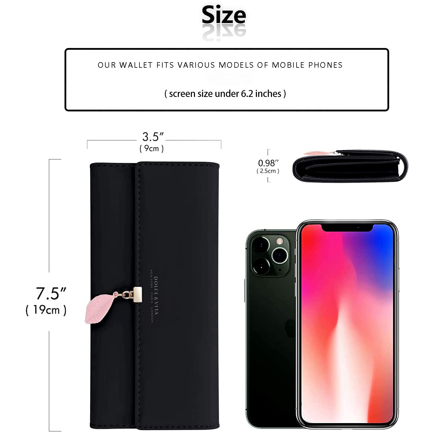 Chic Boutique De Mode Wallets for Women Large Wallet Leather Phone Wallet Ladies Girls Cute Long Slim Trifold Soft Purse Unique Original (Black)