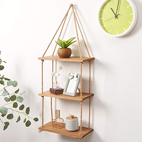 SAND MINE 3 Tier Wood Hanging Shelf, Floating Wall Swing Storage Shelves, Jute Rope Organizer Rack, Wall Shelf Plant Shelf Rope Shelf Storage Shelf Swing Shelf Floating Shelves Handmade Shelves