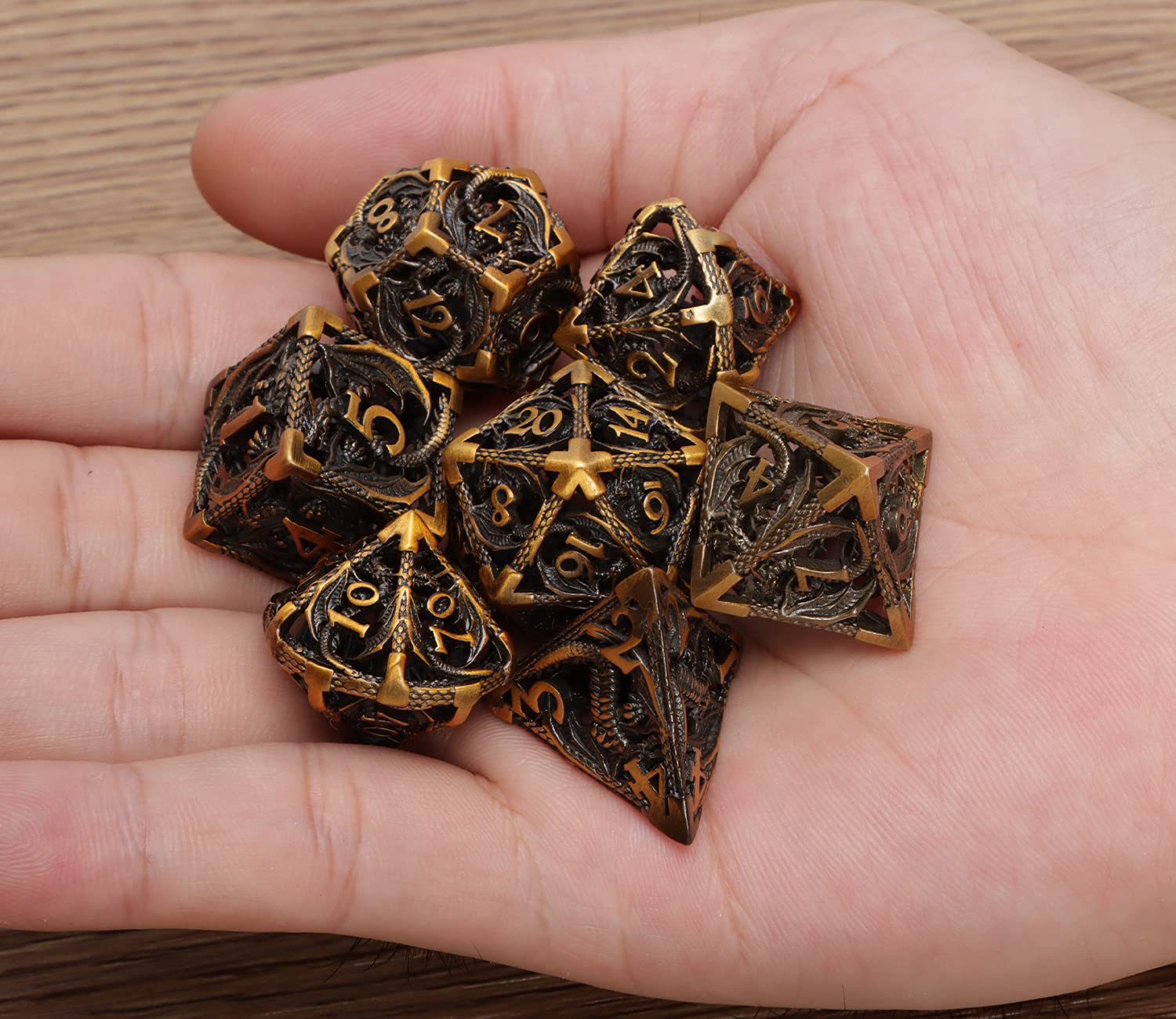 Dungeons and Dragons Dice ARUOHHA DND Metal Dice Set D and D Dice for Pathfinder MTG Board Games Role Playing Dice Hollow Polyhedral Dice D&D Dice with Gift Box D20 D12 D10 D8 D6 D4 (Ancient Bronze)