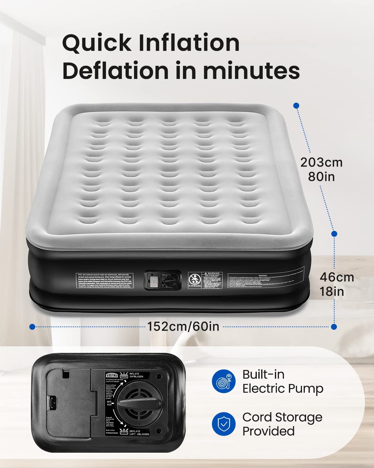 Airefina Queen Air Mattress with Built-in Pump 18", Blow up Mattress in 3 Mins, Colchon Inflatable Mattress with Flocked Surface for Home, Guest,Comfort, Foldable & Portable Four Chamber Technical