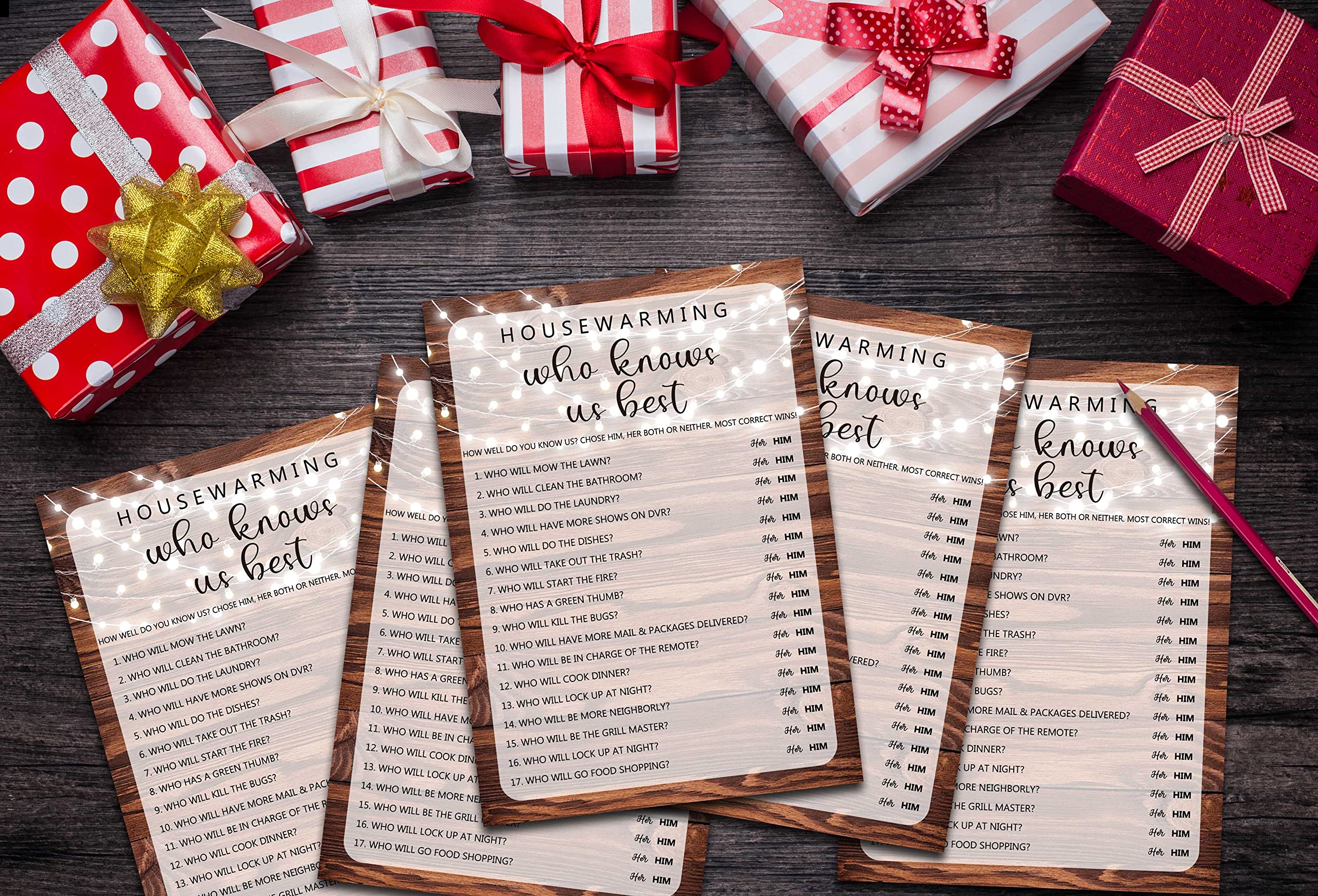 Housewarming Party Games, Who Knows Us Best, Rustic New Home, New House, New Homeowner Party Games Cards, 30 Sheets Each Pack