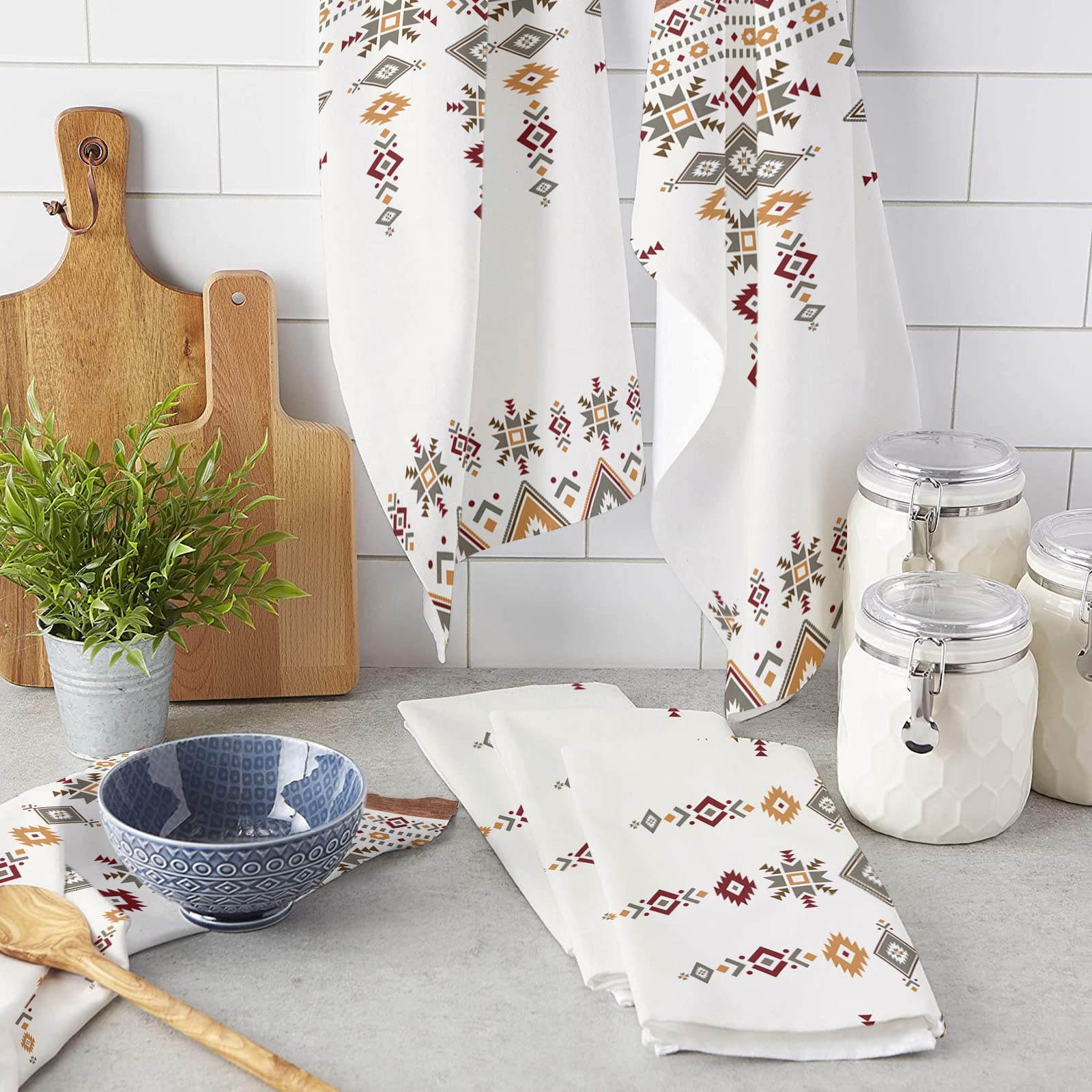 AMZRicher 2 Pack Kitchen Towels with Hanging Loop Super Absorbent Soft Dish Towels for Kitchen Southwest Tea Hand Towels Drying Cleaning Home Decor Boho Native American Tribal Geometric