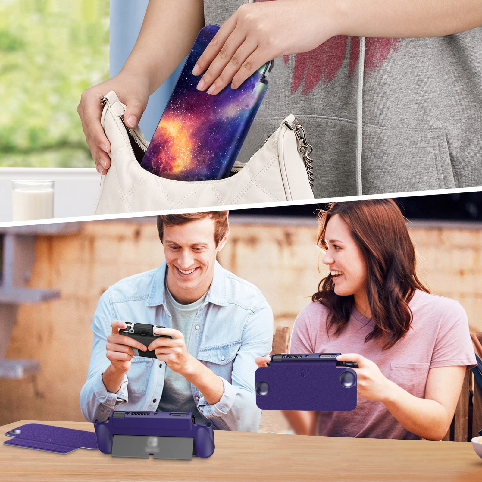 Fintie Flip Case for Nintendo Switch OLED Model - [Screen Safe] Slim Protective Soft TPU Shell with Magnetically Detachable Front Cover & Ergonomic Grip for Switch OLED Model 2021 (Galaxy)
