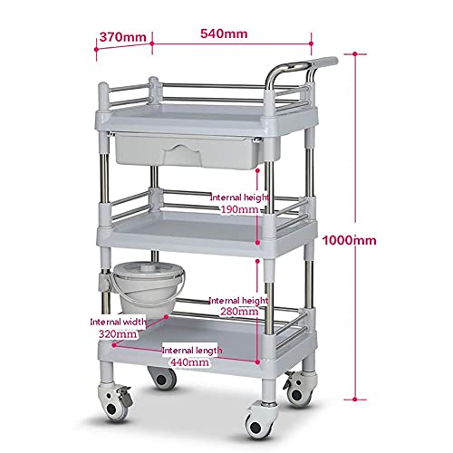 AUNEVN Movable Carts, Kitchen Storage Hand Trucks, 3 Shelf Storage Hand Trucks, Stainless Steel and Abs Trolley with Handle Adjustable Dirt Bucket,Rolling Equipment Cart/White/54X37X100Cm