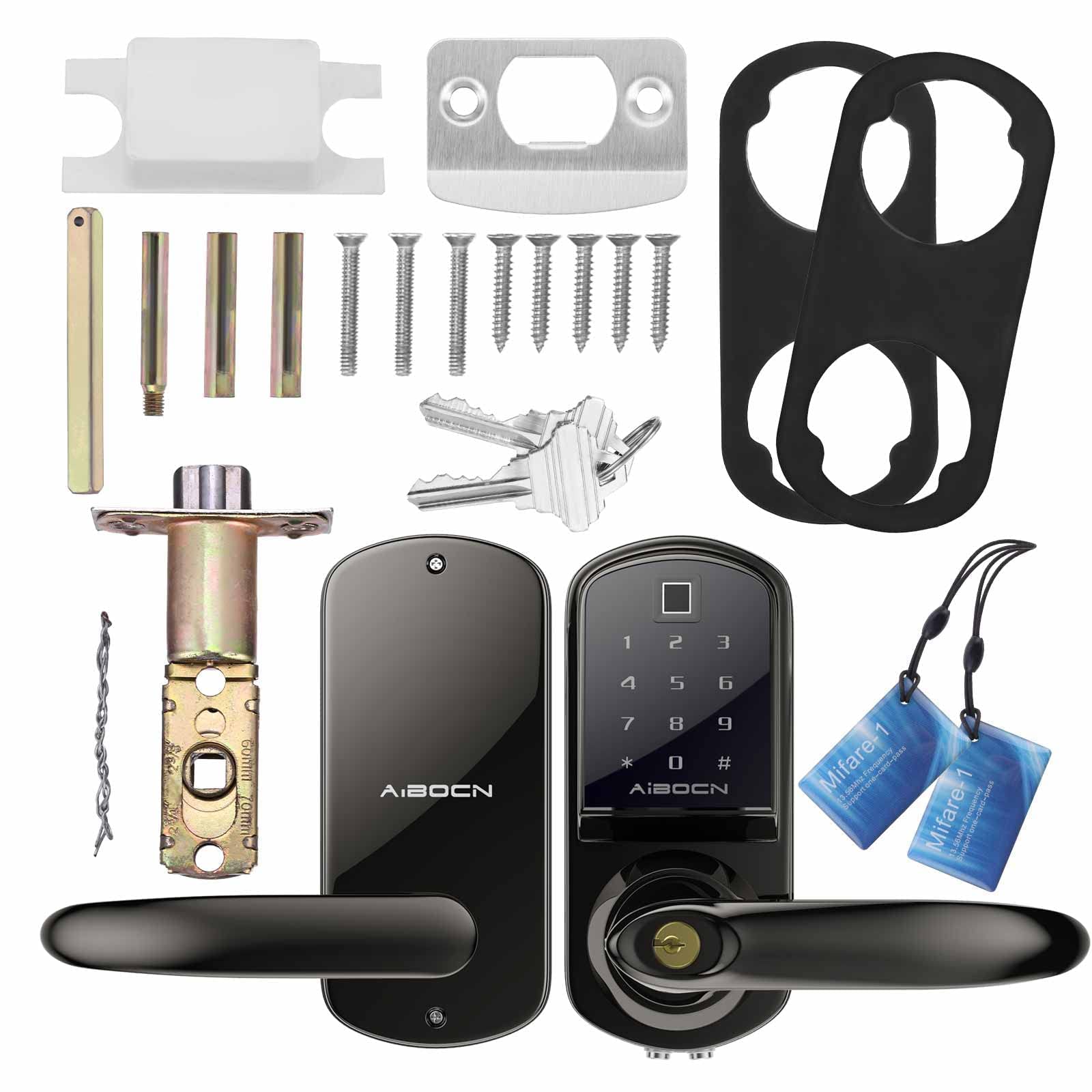 Aibocn Smart Lock, Keyless Entry Door Lock with Bluetooth, Touchscreen Keypad Deadbolt Lock with App, Fingerprint, IC Card, Code, Easy to Install for Home Hotel Apartment, Reversible Door Lever