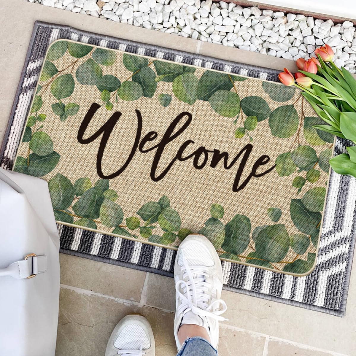 Artoid Mode Eucalyptus Summer Welcome Doormat, Seasonal Spring Summer Low-Profile Yard Floor Switch Mat for Indoor Outdoor 17 x 29 Inch