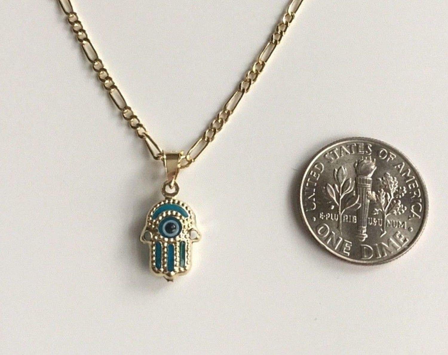ALEX AND ELSA 14K REAL GOLD HAMSA BLUE EVIL EYE NECKLACE 18" LONG / 14K ORO PURO CADENA DE MANO Y OJO 18" LARGO
