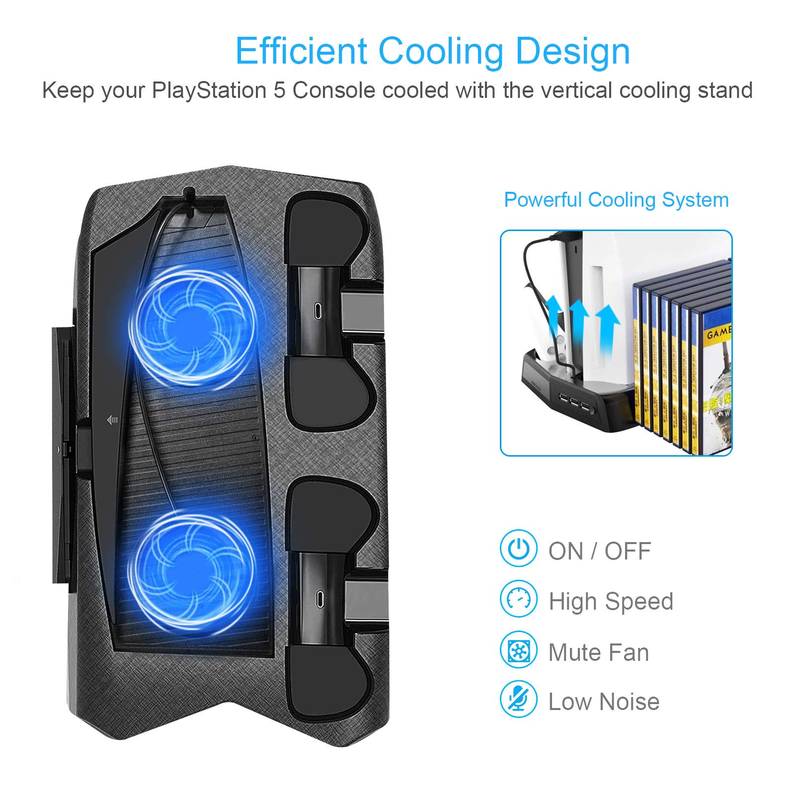 AKNES Vertical Stand with Cooling Fan for PS5/Playstation 5/PS5 Digital Edition, Dual Controller Charger Station with 14 Game Storage and Dualshock Charger, 3 Extra USB HUB Port, A PS5 Storage Bag