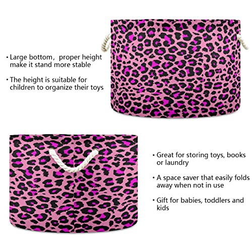 Kigai Storage Basket Pink Purple Leopard Round Toy Baskets Foldable Nursery Organizer Waterproof Inner Layer with Sturdy Handles Clothes Laundry Hamper Bin