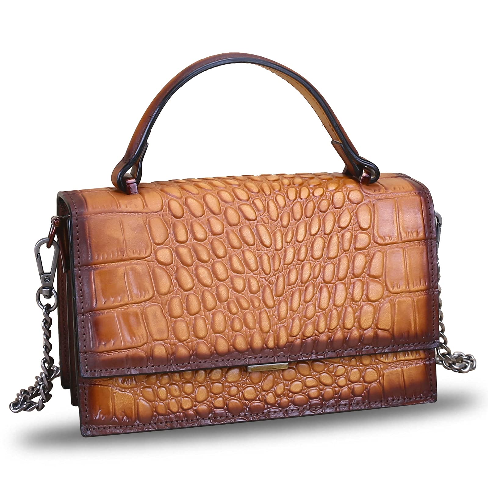 Genuine Leather Handbags for Women Retro Handmade Small Satchel Purse Luxury Top Handle Real Leather Embossed Design Crossbody Bag (Brown)