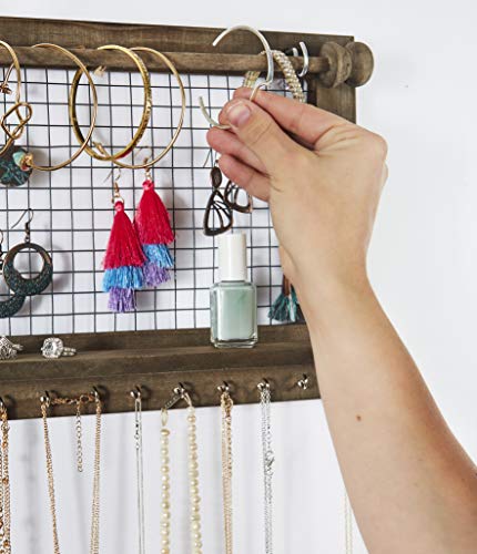 SoCal Buttercup Rustic Jewelry Organizer with Bracelet Rod Wall Mounted - Wooden Wall Mount Holder for Earrings, Necklaces, Bracelets, and Many Other Accessories