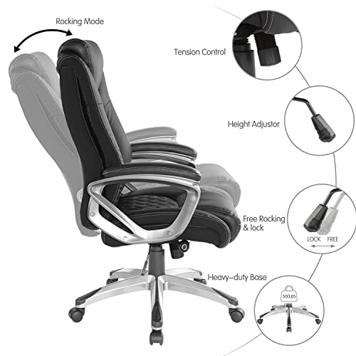 BOWTHY Executive Office Chair 300lbs - Adjustable Built-in Lumbar Support, High Back Office Chair PU Leather Chairs with Padded Armrest, Desk Chairs with Wheels Ergonomic Design for Back Pain (Black)