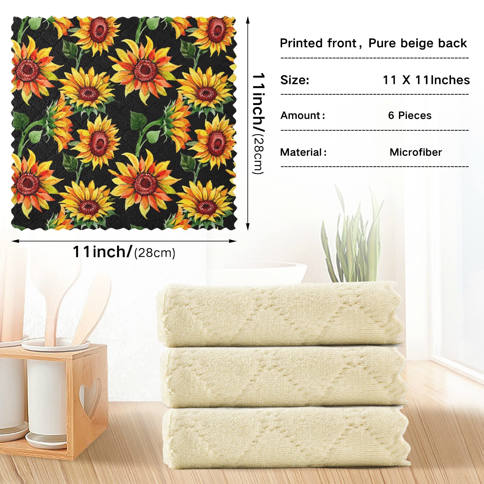 ALAZA Sunflower Floral Black Watercolor Stylish 6 Pack Kitchen Towels Dish Bar Tea Towel Dishcloths Fast Drying Super Soft 11 x 11 inches