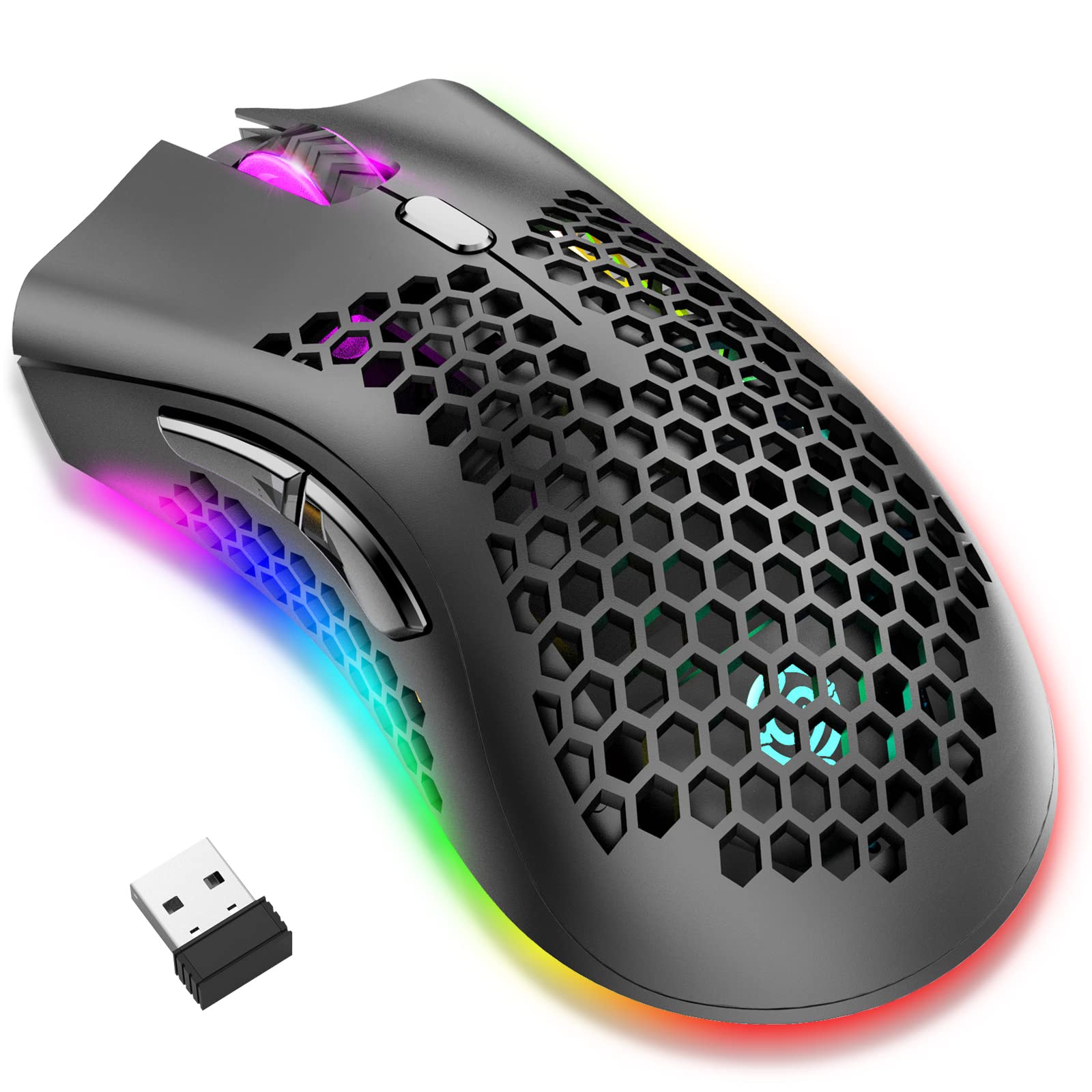 aipasi tech Wireless Lightweight Gaming Mouse, 2.4G Wireless Rechargeable Computer Mouse with Honeycomb Shell, USB Receiver, Adjustable DPI, Ergonomic RGB Gamer Mice for PC Mac Gamer(Black)