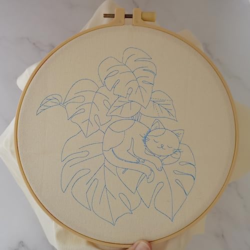 Embroidery Starter Kit for Adults Beginners with Sleepy Cat Green Plant Leaves Pattern Stamped Cross Stitch Set with Embroidery Cloth Hoop Needles Threader Colorful Floss and Instruction