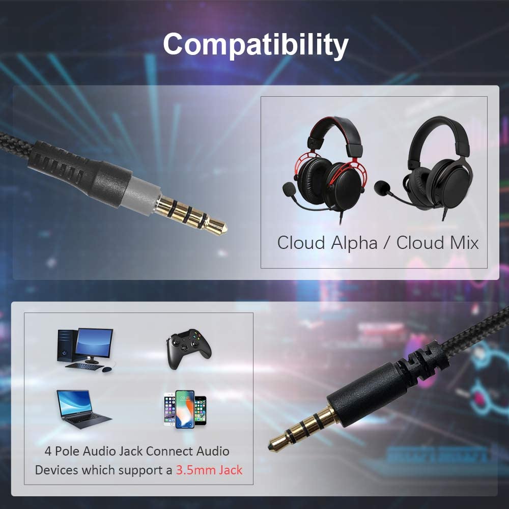 QJYTH Replacement Cable Cord Compatible with Kingston Hyperx Cloud Alpha and Cloud Mix Gaming Headset, Headset Audio 3.5mm Cable with Inline Mute & Volume Control (No Inline Mic, Black)