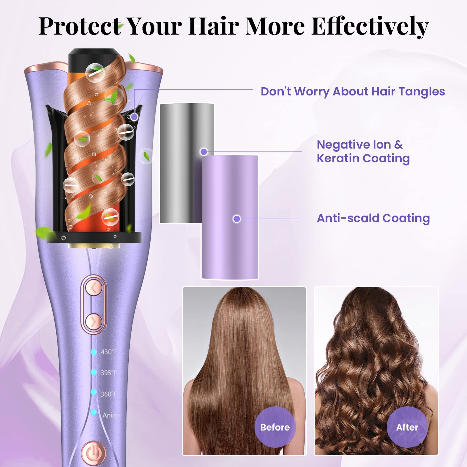 Automatic Curling Iron, Curling Iron with Adjustable 3 Temps & 3 Timer Settings, Auto Shut-Off, Anti-Scald Auto Hair Curler with Spin Iron Fast Heating Styling Tools & Appliances