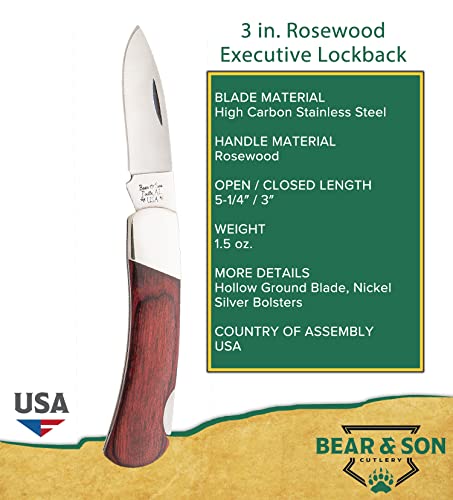 Bear & Son 224R 3 Inch Rosewood Executive Lkbk No Rear Bolster Knife