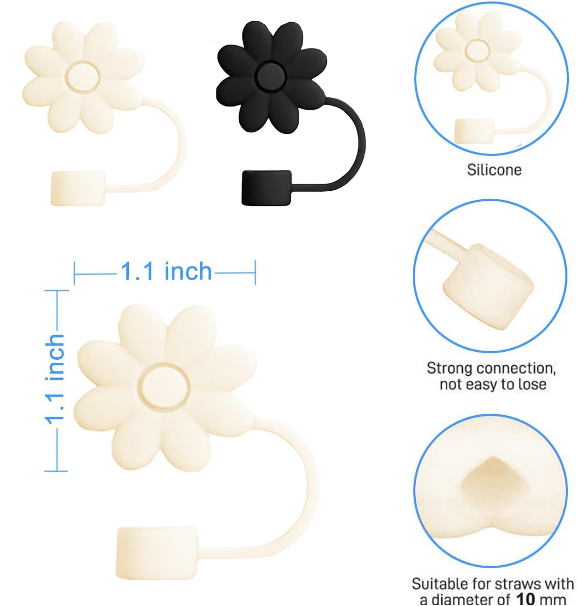 Avky 4 Pcs Straw Cover Cap for Stanley Cup, 10mm 0.4in Flower Shape Straw Covers Cap with 30&40 Oz Tumbler with Handle Dust-Proof Reusable Straw Tips Lids Black & Off White