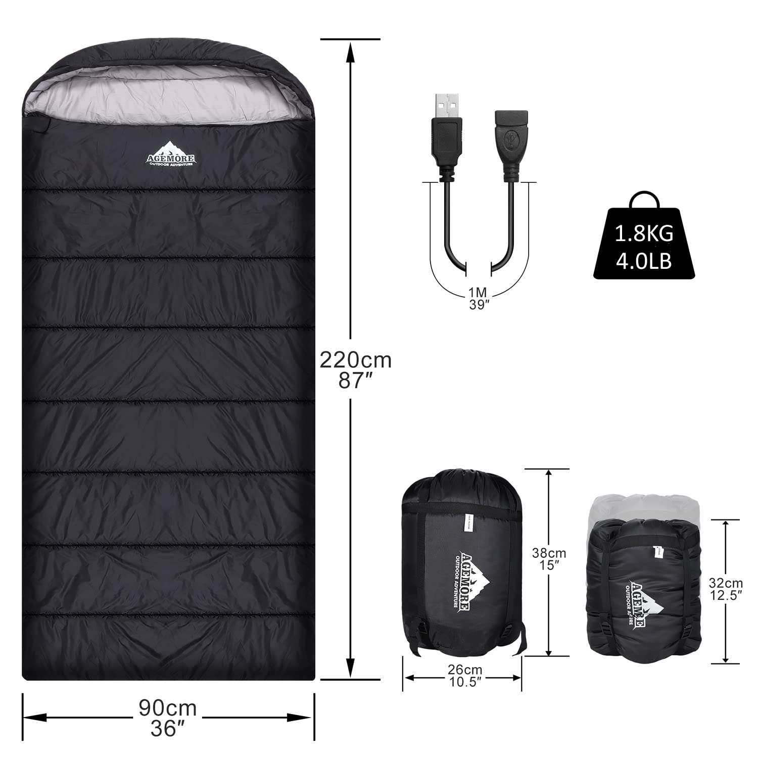 AGEMORE Heated Sleeping Bag for Adults, 5V USB Power Support Waterproof Sleeping Bag with 5pcs Heating Plate, Heating Sleeping Bag for Camping, Backpacking or Hiking (Power Bank not Included)