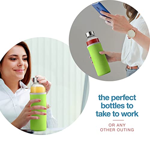 glass bottles 6 Pack 18oz - Includes 6 Sleeves (COLORS MAY VARY) - glass drinking bottles for Beverage and Juice - water bottle glass with stainless Steel Caps with - Leak-Proof Lid