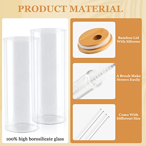 Glass Cups with Lids and Straws, 20 OZ Drinking Glasses with Bamboo Lids, Can Shaped Glass Cups, Reusable Clear Iced Coffee Cups for Smoothie, Juice, Milk, Whiskey, Soda, Tea, Water- 2 Pack