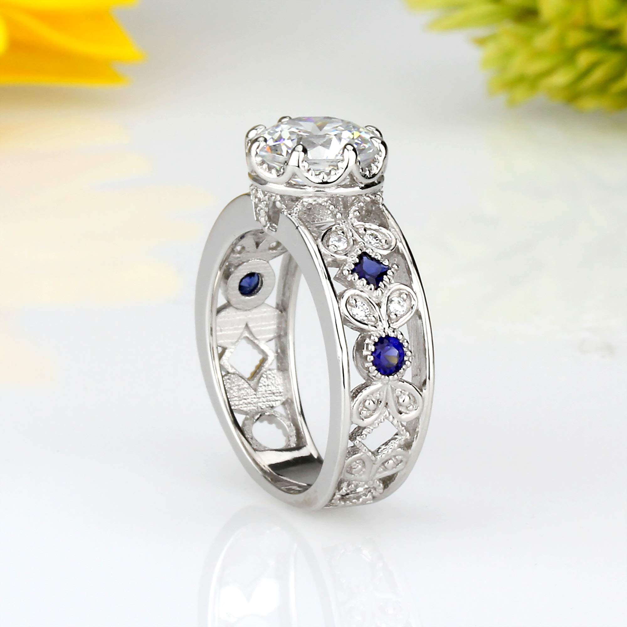 925 Sterling Silver Wedding Ring 2 Carat Octagon Cut CZ Stone Simulated Blue Sapphire CZ Accent Filigree Vintage Engagement Ring (Size 5 to 9)
