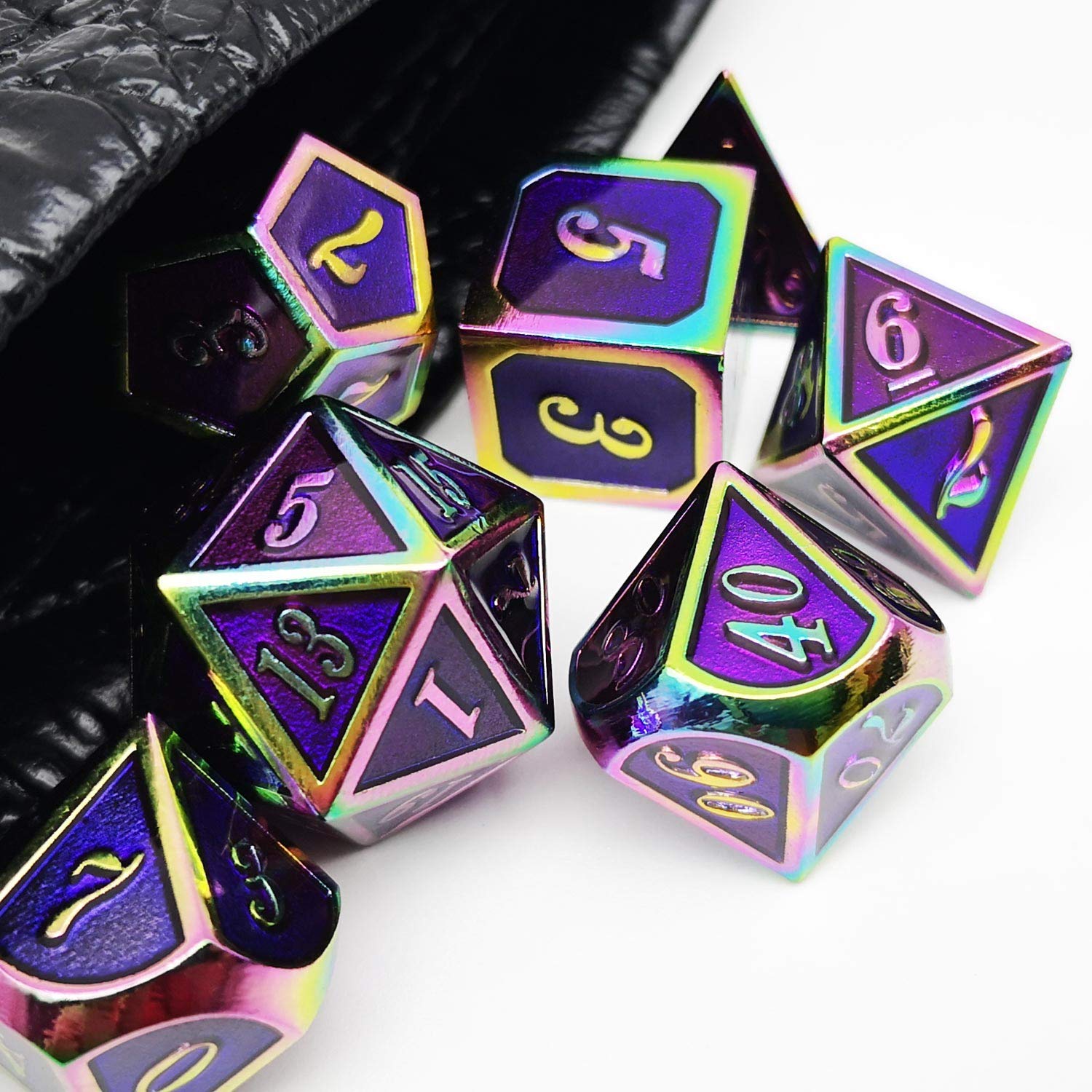 Haxtec Metal DND Dice Set Rainbow Purple D&D 7PCS of D20 D12 D10 D8 D6 D4 for Dungeons and Dragons TTRPG Games