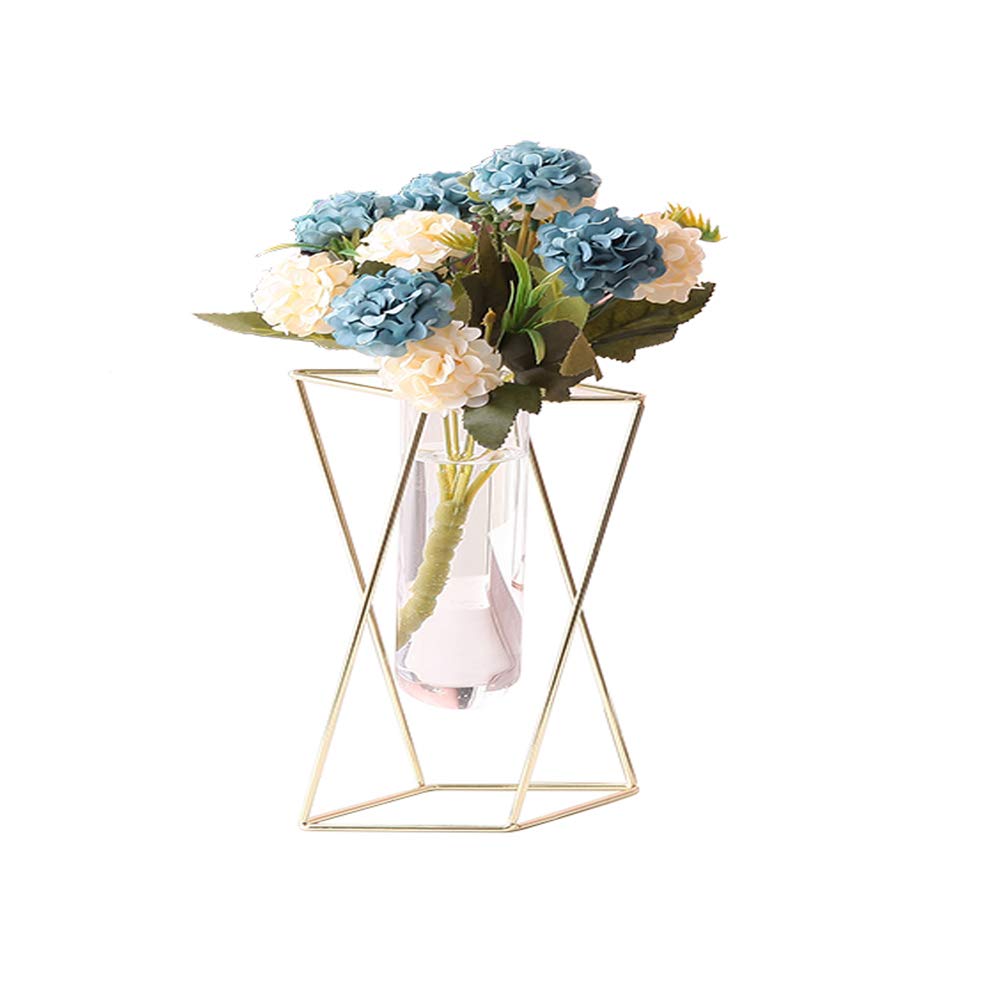 Aoderun Glass Flower Vase with Metal Stand Modern Geometry Desktop Glass Planter Indoor Hydroponics Plants for Home Office Garden Wedding Decor (Gold, M)