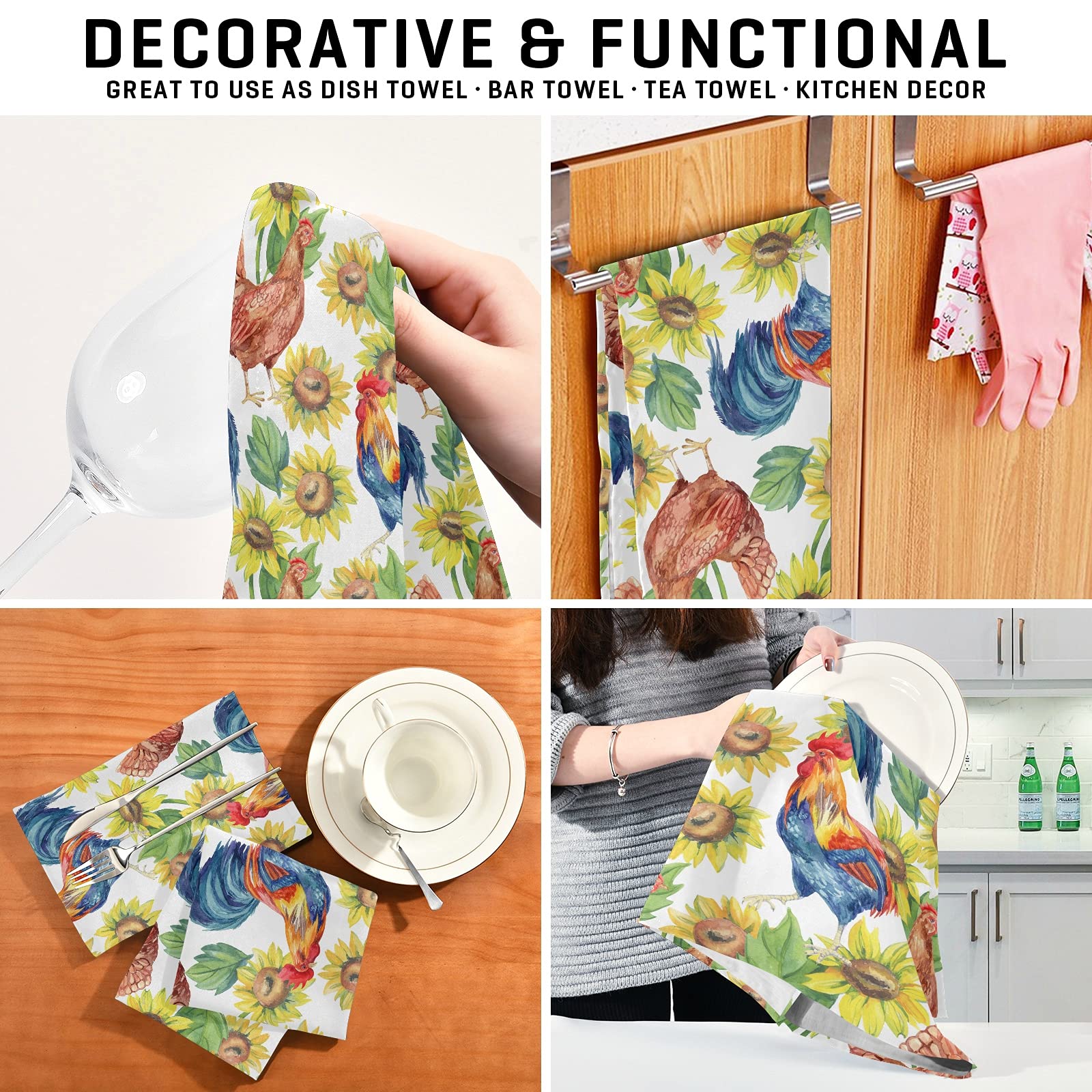 ALAZA Yellow Sunflower Rooster Watercolor Kitchen Towels Dish Bar Tea Towel Dishcloths 1 Pack Super Absorbent Soft 18 x 28 inches
