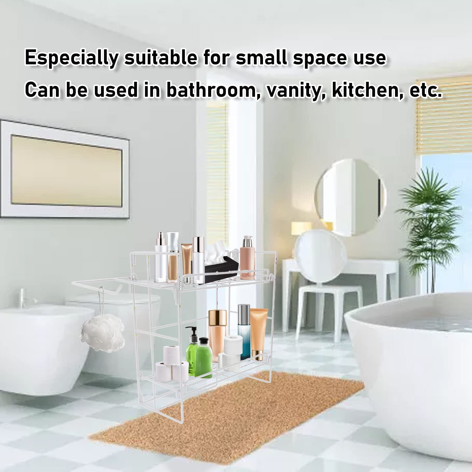 Airshi Over Toilet Storage Rack, 2 Tier Ventilation and Drainage Bathroom Organizer Shelves Space Saving Hollow Out Base No Drilling with Hooks for Home (White)