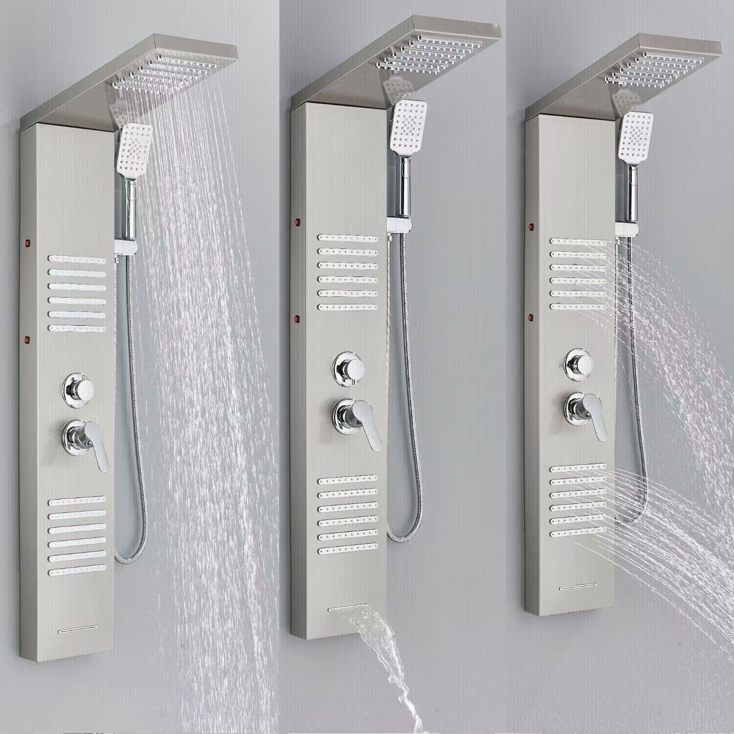 AlenArt Shower Panel Tower System LED Multi-Function Shower Tower Faucet Rainfall Waterfall Shower Head with Massage Jets Stainless Steel Wall Mount in Bathroom,Brushed Nickel