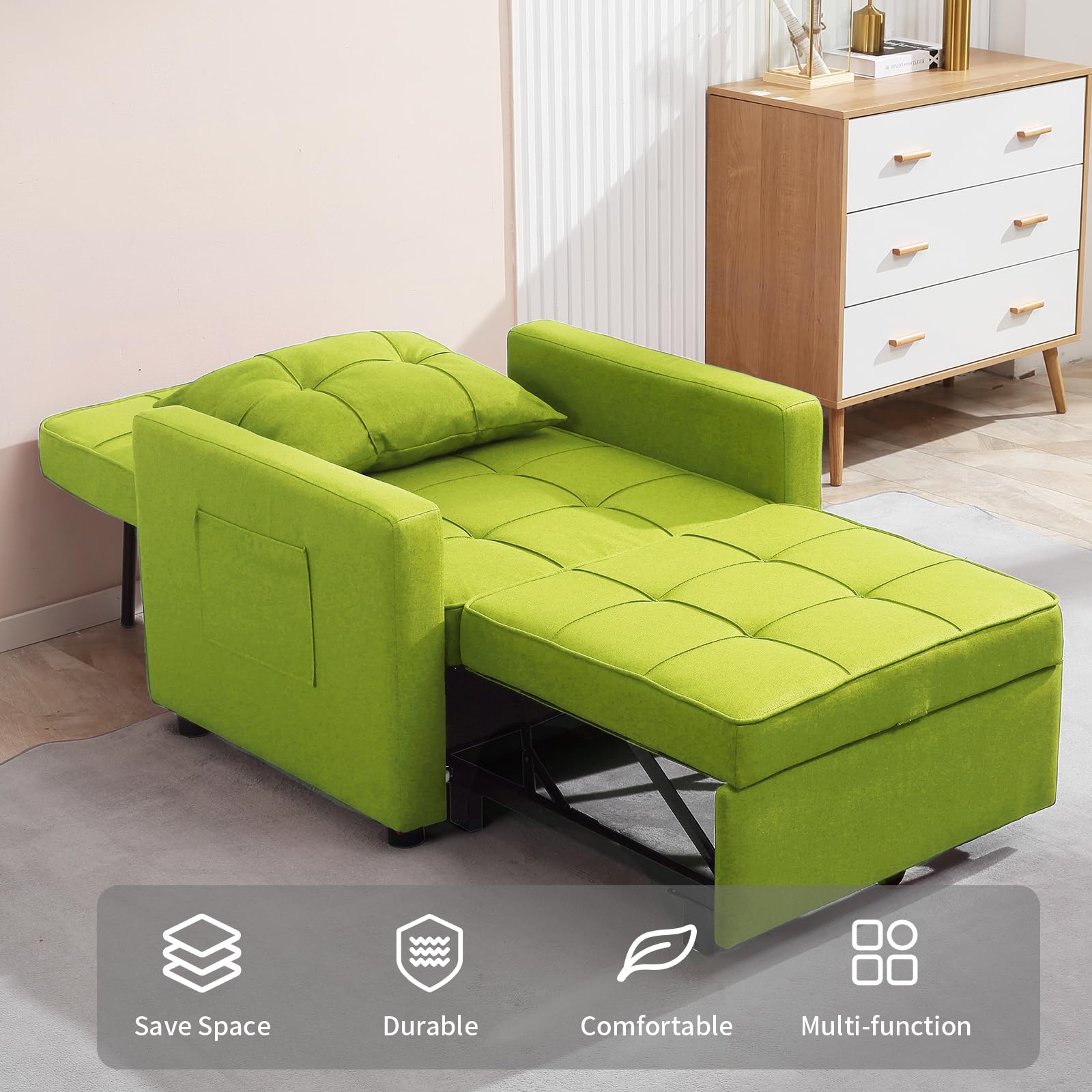 Convertible Chair Bed - Folding Sofa Bed Chair with Adjustable Backrest, 3-in-1 Multi-Functional Pull Out Sleeper Chair Bed Single Armchair Sofa Bed with Side Pocket (Green)