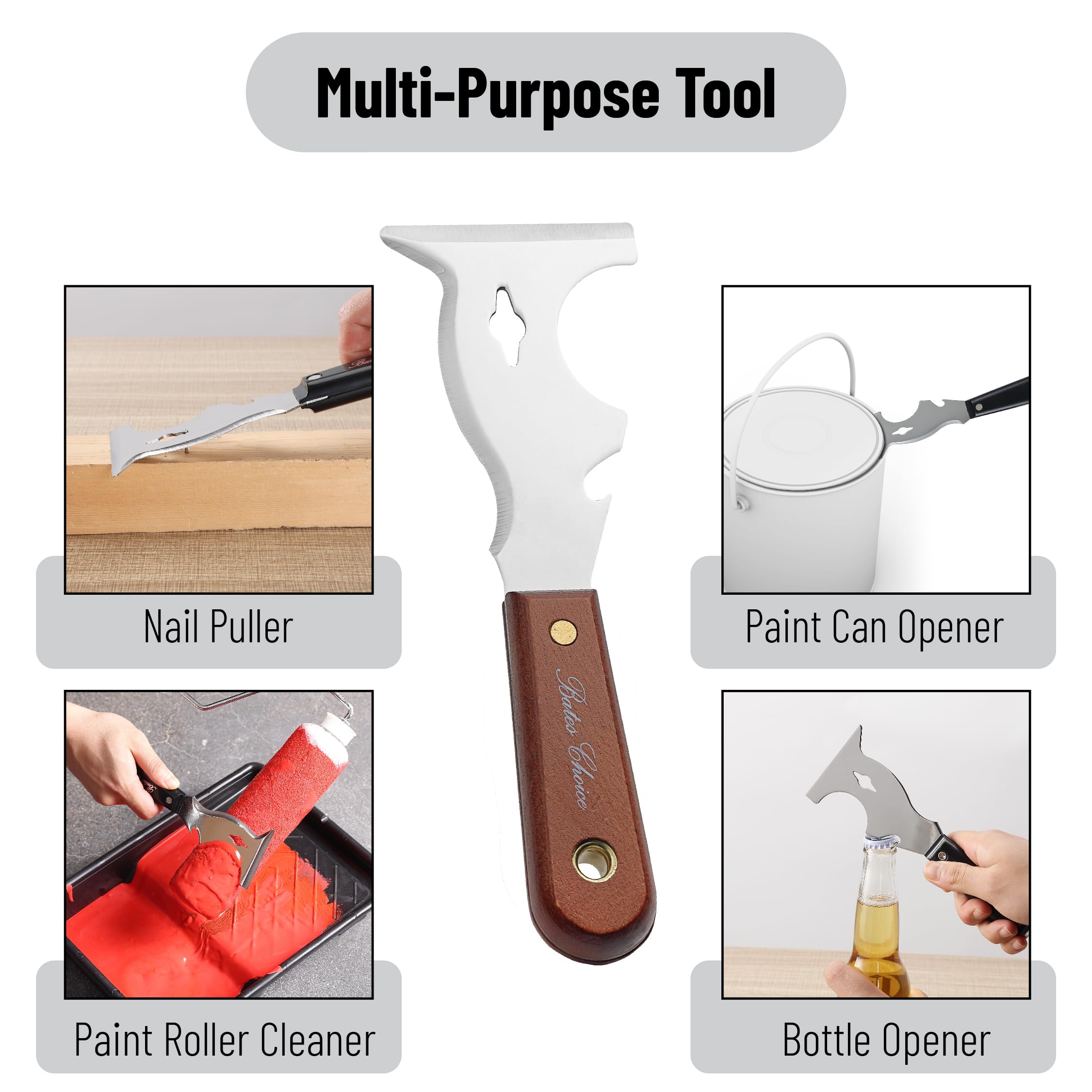 Bates- Paint Scraper, 9 in 1 Painters Tool, Mahogany Wooden Handle, Paint Scrapers for Wood, Painters Tool, Painters Knife, Paint Scraper for Painting, Putty Knife, Metal Scraper, Spackle Knife