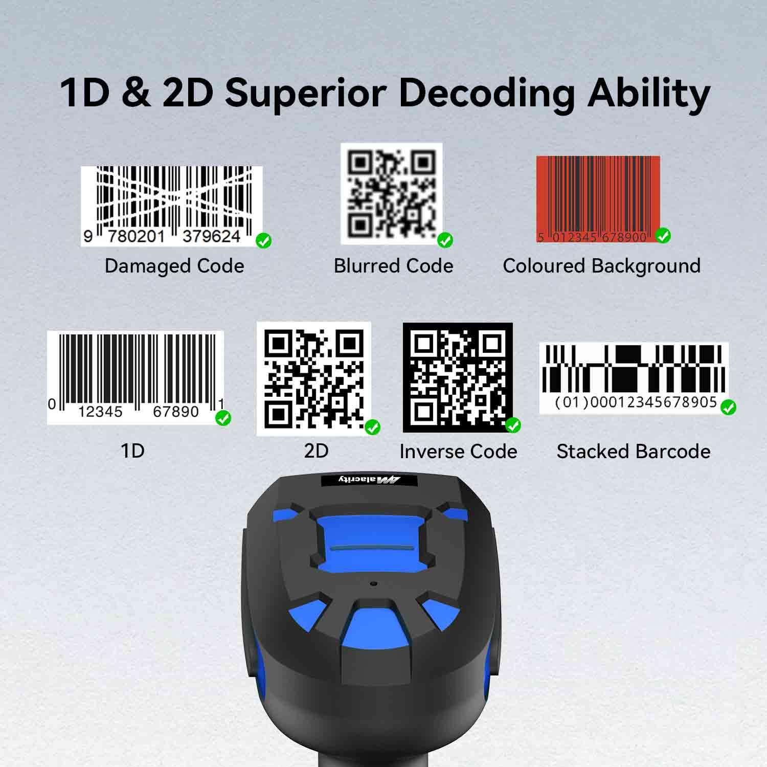 Alacrity Upgraded 2D Industrial Barcode Scanner with Wireless Charging Stand, 1968 Feet Transmission Distance 433Mhz Wireless & Bluetooth 2in1 Barcode Reader, Shock Dust Proof Hands Free, Orange