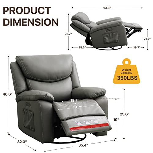 Luffield Large Electronic Power Recliner Chair, 270 Degree Swivel Recliners Comfy Glider Rocking Chairs with USB & Type-C Ports,Soft Fabric Sofa Chair for Living Room